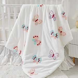 Brandream 100% Cotton Crib Bedding Set for Girls Tufted Chenille Candlewick Embroidery Butterfly Baby Nursery Comforter Set, 3 Pieces, White Colorful