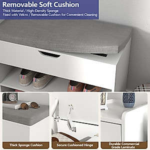 Loomie Shoe Storage Bench, 2-Tier Farmhouse Entryway Bench with Lift Top Storage Box, Drawer & Soft Removable Seat Cushion, Silm Shoe Rack with Shoe Cabinet for Entryway, Hallway, Bedroom, White