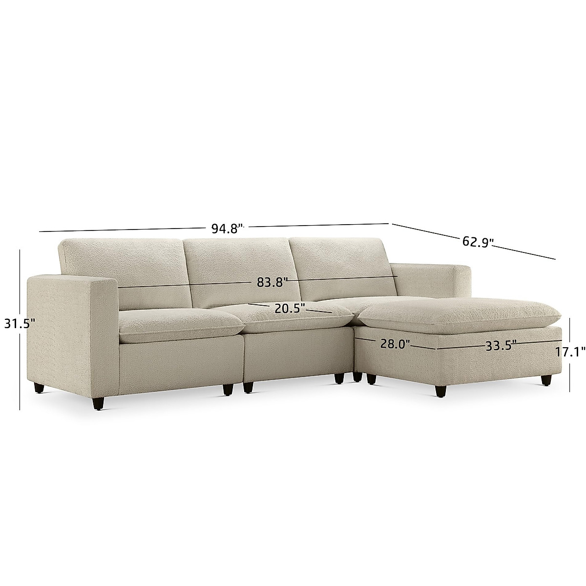 CHERS Sectional Couches for Living Room, 95" Cloud Modular Sectional Sofa with Ottoman, Modern Fabric Upholstered L Shaped Couch with Convertible Chaise, 3 Seater, Natural