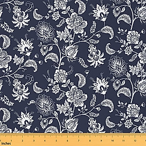 Paisley Floral Upholstery Fabric for Chairs, Bohemian Exotic Style Outdoor Fabric by The Yard, Retro Indian Style Flower Decorative Fabric for Upholstery and Home DIY Projects, 1 Yard, Navy Blue