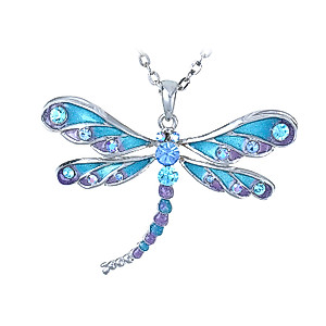 Alilang Womens Blue Purple Glitter Enamel Rhinestone Dragonfly Pendant Necklace Over Silvery Tone