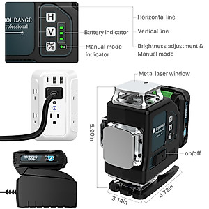 Laser Level,BOHDANGE 4x360° 4D 16 Lines Green Laser Level Self Leveling for Picture Hanging and Construction,12v 2500mAh Rechargeable battery