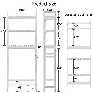 HITOMEN Over The Toilet Storage Cabinet, Bamboo Adjustable 3-Tier Above Toilet Shelf, Stable Freestanding Above Toilet Organizer with 3 Hooks for Bathroom Restroom Laundry Balcony, White 67" H