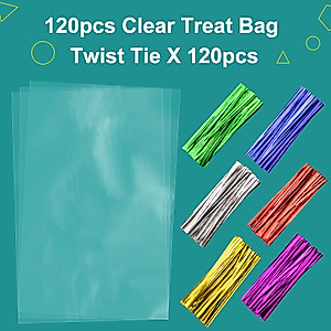 Aubeco 120pcs Cello Cellophane Treat Bags, 6x9 Inches Plastic Gift Bags with Ties, Clear Cookies for Party Favor,Packaging, Candy, Bakery