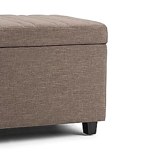 SIMPLIHOME Darcy 33 Inch Wide Contemporary Rectangle Storage Ottoman Bench in Fawn Brown Linen Look Fabric, For the Living Room, Entryway and Family Room