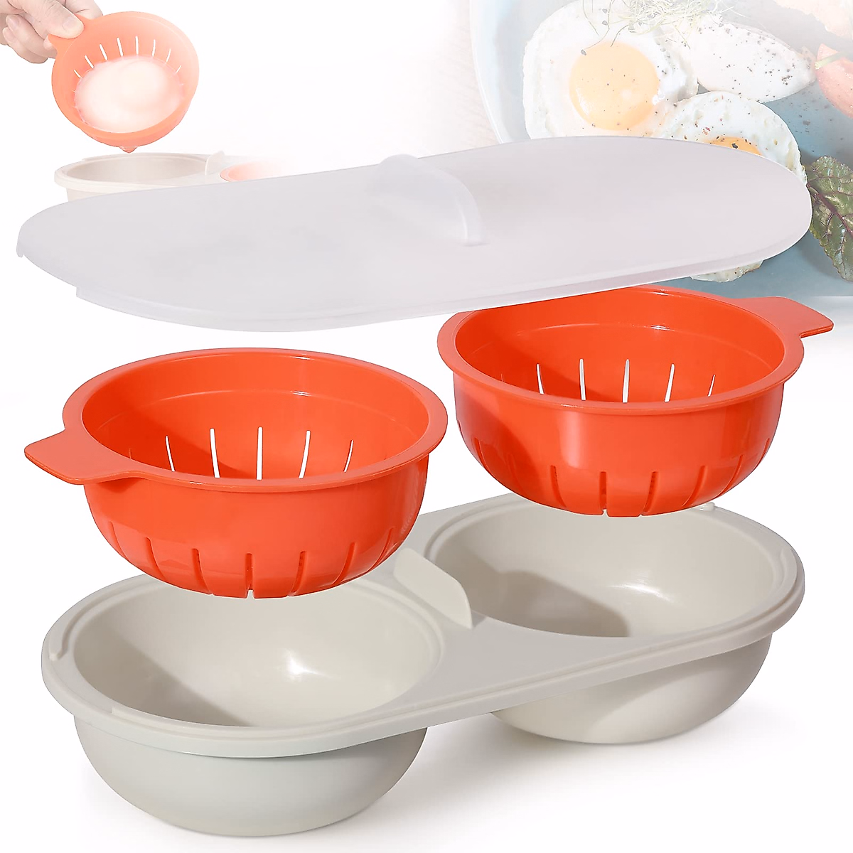 Microwave Egg Poacher, 2-Cup Eggs Microwave Egg Cooker Drain Egg Poacher Non Stick Egg Cooker for Microwave or Stovetop Egg Cooking, Orange