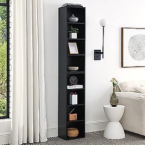 HOLISUN 8-Tier Media Tower Rack, CD DVD Slim Storage Cabinet with Adjustable Shelves, Tall Narrow Bookcase Display Bookshelf for Home Office,Multi-functional double-decker bookcase (Black)