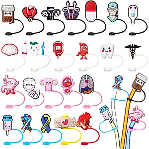 Straw Covers Silicone Kawaii Straw Cover Nurse Theme Straw Caps Reusable Drinking Dust Proof Straw Tip Covers for 6-8 mm (Stylish, 23 Pcs)