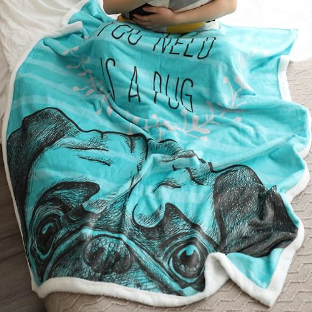 Famitile Pug Blanket, All You Need is A Pug Blue Puppy Blanket Super Soft Pug Stuffed Animal Blanket Pug Gifts for Pug Lovers (Pug-3, 47" x 60")