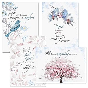 Sympathy Comfort Faith Cards with Scripture - Set of 8 (4 Designs), Large 5" x 7", Religious Sympathy Cards with Sentiments Inside, White Envelopes