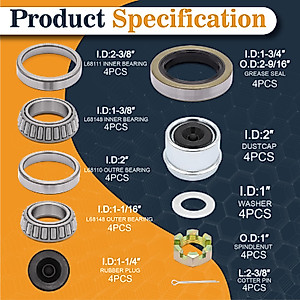 4 Sets Boat Trailer Axle Bearing Kits, L68149/L44649 Grease Seal 171255TB 10-19 I.D. 1.719'' for #84 Spindle 3500 LB Trailer Axles