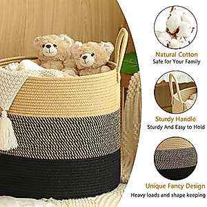 KAKAMAY Large Blanket Basket (18"x18"x16"),Woven Baby Laundry Hamper for Storage, Cotton Rope Blankets Baskets for Nursery, Laundry, Living Room, Pillows, Baby Toy Chest with Handles (Black)