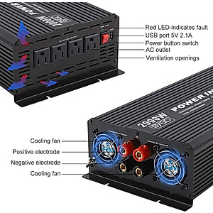 BYGD 2000W/4000W(Peak) Power Inverter 12V DC to 110V AC Converter with 4 AC Outlets Dual 2.1A USB Ports for Home, RV, Boat, Truck, Off-Grid Solar System