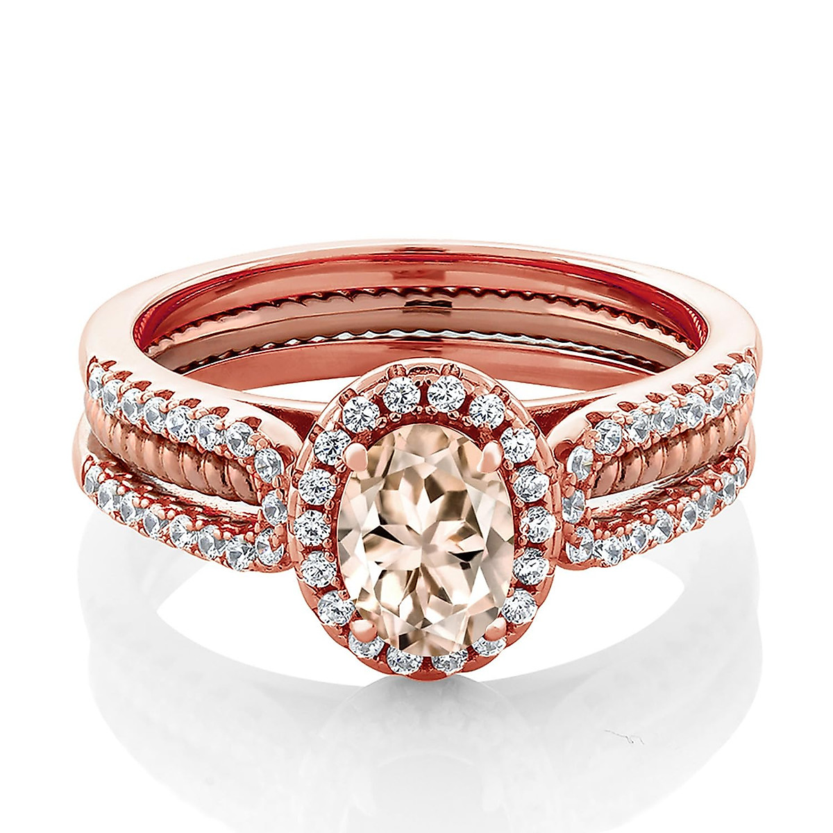 Gem Stone King 18K Rose Gold Plated Silver Peach Morganite Stackable Ring For Women (1.27 Cttw, Oval 7X5MM, Gemstone Birthstone, Available In Size 5, 6, 7, 8, 9)