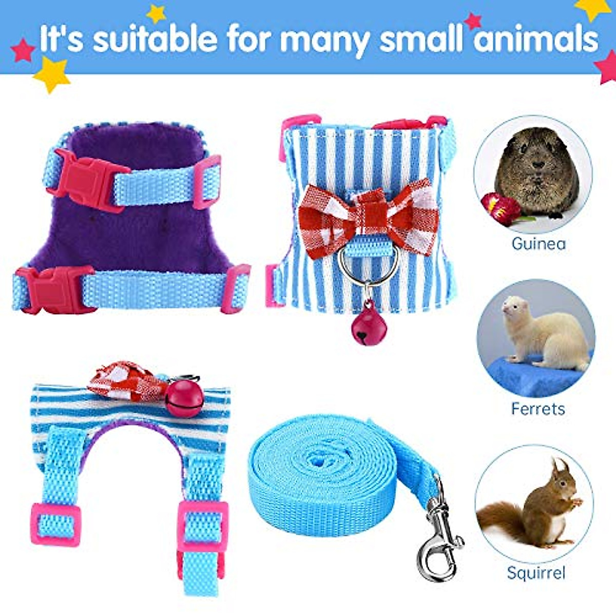 2 Pieces Hamster Harness and Leash Set for Walking, Small Guinea Pig Clothes with Bowknot Bell, No Pulling Comfort Padded Vest Striped for Guinea Pig Hamster Ferret, Small Animals (Blue, Black,S)