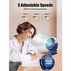 FRIZCOL Clip on Fan with Misting - 6000mAh Portable Fan with Light & Hook - Rechargeable Fan Battery Powered Up to 40 Hours Cooling & 2h Misting for Travel, Office, Desk