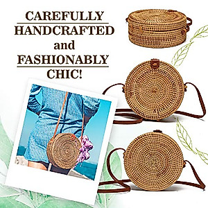 Ahtine Handwoven Round Rattan Bag for Women With Adjustable Strap Crossbody Straw Handbag (Tan)