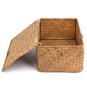 Yesland Handwoven Seagrass Rattan Storage Basket - 11.5'' x 7.5'' x 5'' - Brown Rectangular Makeup Organizer Container with Lid, Perfect for Decoration, Picnic, Groceries and Toy Storage