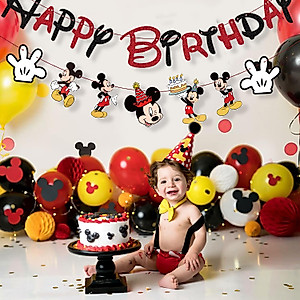 Black and Red Happy Birthday Banner, Mouse Birthday Party Decorations Mouse and Friends Birthday Decorations for Boys 1st 2nd 3rd Birthday Party Baby Shower Decorations