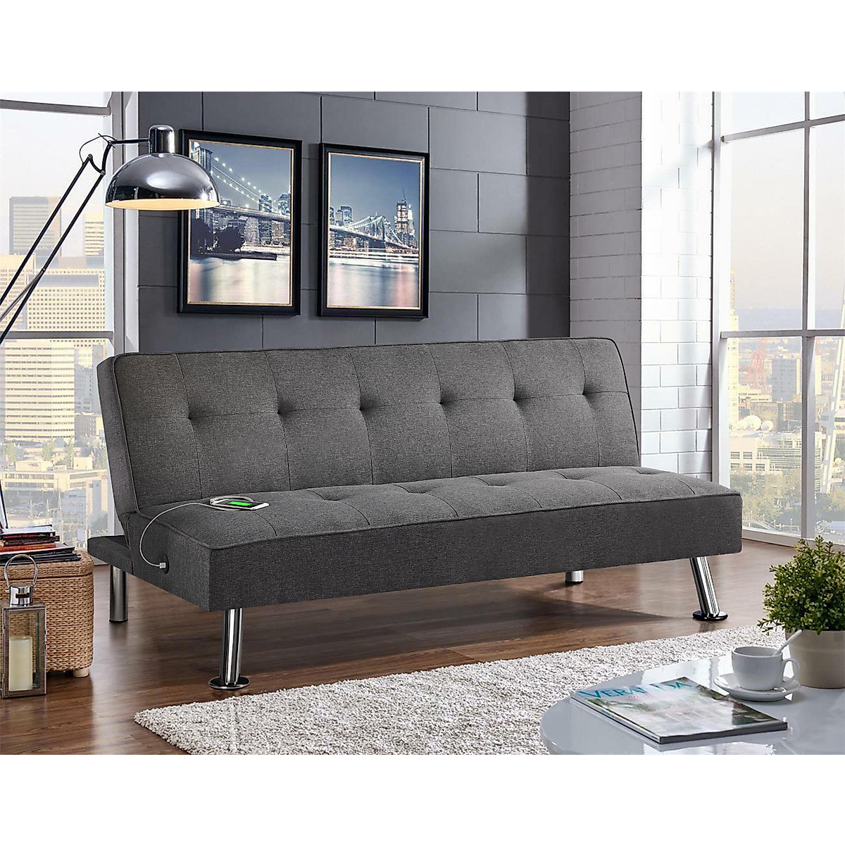 Yaheetech Modern Convertible Futon Sofa Bed w/ 2 Integrated USB Charging Ports Fabric Loveseat Couch Metal Legs, 3 Angles Adjustable Back for Compact Living Space, Apartment, Dorm, Bonus Room Gray