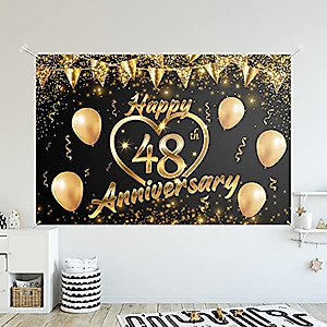 Happy 48th Anniversary Backdrop Banner Decor Black Gold – Glitter Love Heart Happy 48 Years Wedding Anniversary Party Theme Decorations for Women Men Supplies 3.9x5.9 ft