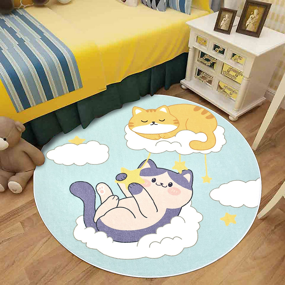 TEALP Kids Rugs 4Ft Large Round Play Mat Cute Cat Baby Crawling Mat Circle Children Rug for Nursery Decor Soft Floor Carpet for Living Room Washable Bedside Rug for Kids Bedroom Cute Cat Theme Decor