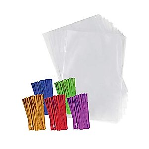 Purple Q Crafts Clear Plastic Cellophane Bags with 4" Colored Twist Ties for Gifts Party Favors (4"x6", 100 Pack)