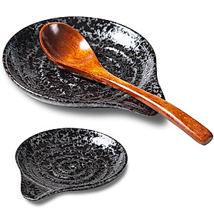 Spoon Rest, Ceramic Utensil Spoon Spatula Ladle Holder, 6 Inches Spoon Holder for Countertop, Coffee Bar Accessories Dishwasher Safe, Large Utensil Rest for Kitchen Counter Splash Black（L）