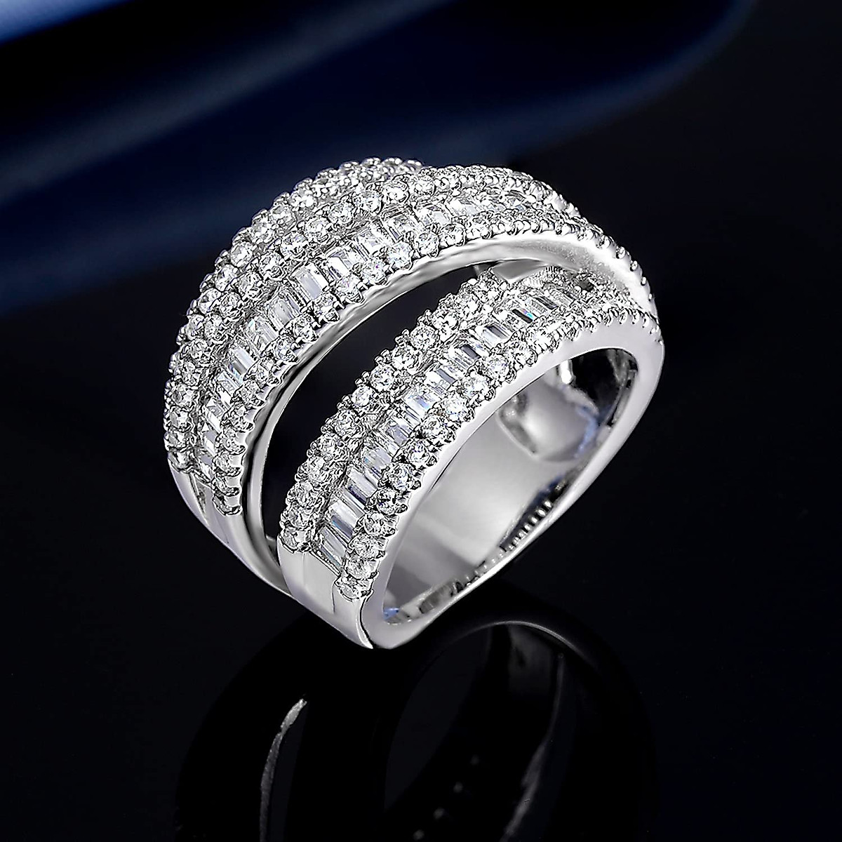 OPOMOMO Eternity Ring Wedding Bands,18K White Gold Plated 3 Rows Emerald Cut Lab Diamond Band Rings for Women Men (8) (C-white -3 rows, 8)