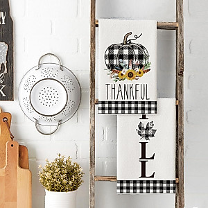 Artoid Mode Buffalo Plaid Pumpkin Home Fall Kitchen Towels and Dish Towels, 18 x 26 Inch Harvest Thanksgiving Drying Cloth Tea Towels for Cooking Baking Set of 4