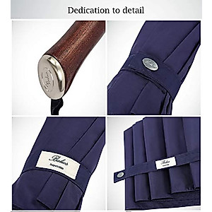 Balios (Designed in UK) Travel Umbrella Luxurious Golden Rosewood Handle Auto Open & Close Windproof Frame Single Canopy Automatic Folding Umbrella Men's & Ladies (Dark Navy)