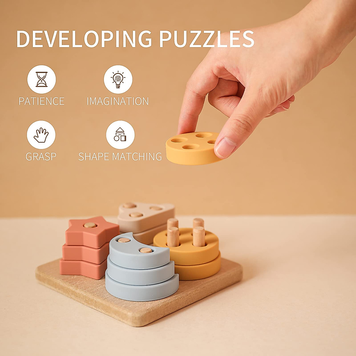WOODEN TEETHER Silicone Stacking Sorting Toys for Baby and Toddlers Geometric Stacking Building Blocks Toys Montessori Early Educational Intelligence Block Puzzles for Infants