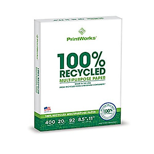 Printworks 100 Percent Recycled Multipurpose Paper, 20 Pound, 92 Bright, 8.5 x 11 Inches, White, 6 Reams 2400 sheets (00018C)