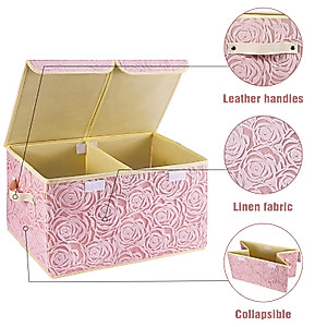 Fassave Foldable Storage Bins with Lids, 2 Packs Fabric Storage Container Basket Cube with Handles for Office, Bedroom, Closet (Large-2 Pack, Light Pink Pattern-2 Lid)