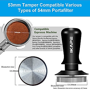 IKAPE 53.3mm Espresso Tamper, Premium Barista Coffee Tamper with Calibrated Spring Loaded, 100% Flat Stainless Steel Base Tamper Fits for Breville Series 54mm Portafilter Basket