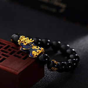 2 Pieces 12 mm Feng Shui Bead Bracelet Chinese Bracelet with Hand Carved Black Amulet Bead Bracelet Pi Xiu for Attracting Wealth and Good Luck for Women Men (Two Thermochromism One Gold)