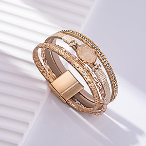 FANCY SHINY Boho Leather Wrap Bracelets Bohemian Crystal Bracelets Trendy Layered Bracelet with Magnetic Clasp Stackable Jewelry for Women (7.7", Gold)