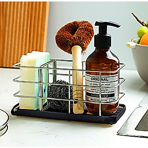 PFCTRJR Steel Kitchen Sponge Holder,Kitchen Sink Organizer Sink Caddy, Dish Brush Soap Holder Kitchen Sink Counter (Black)