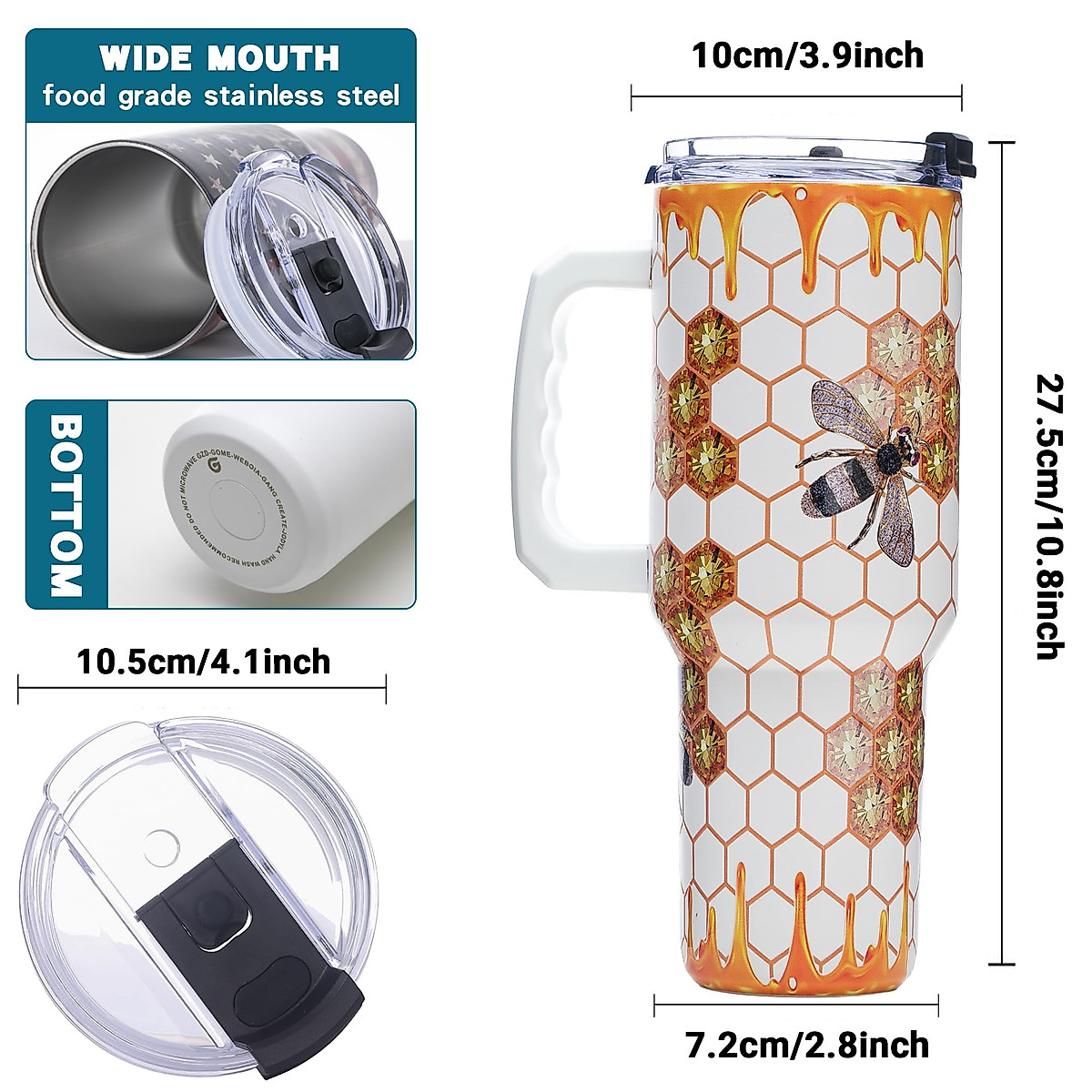 Gome Queen Bee 40 oz Tumbler with Handle - Stainless Steel Cup with Straw - Insulated Coffee Mug with Lid - Queen Bee Birthday Gifts for Women - Hand Wash Only