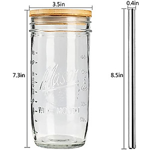 MASON 4 Pack Reusable Boba Tea Cups, Glass Jars 24oz Wide Mouth Smoothie Cups with Bamboo Lids and Silver Straws, for Drinking Bubble Tea and Iced Coffee Travel Bottle