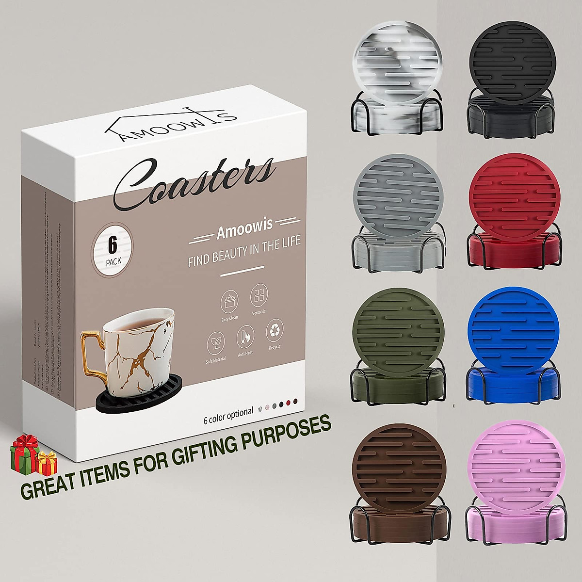 Amoowis Coasters for Drinks, Silicone Coasters Set of 8 with Holder, Drink Coasters for Coffee Table, Thickened Coaster for Wooden Table, Cup, Desk, Bar, Office, Anti-Slip, Non-Stick, Easy to Clea