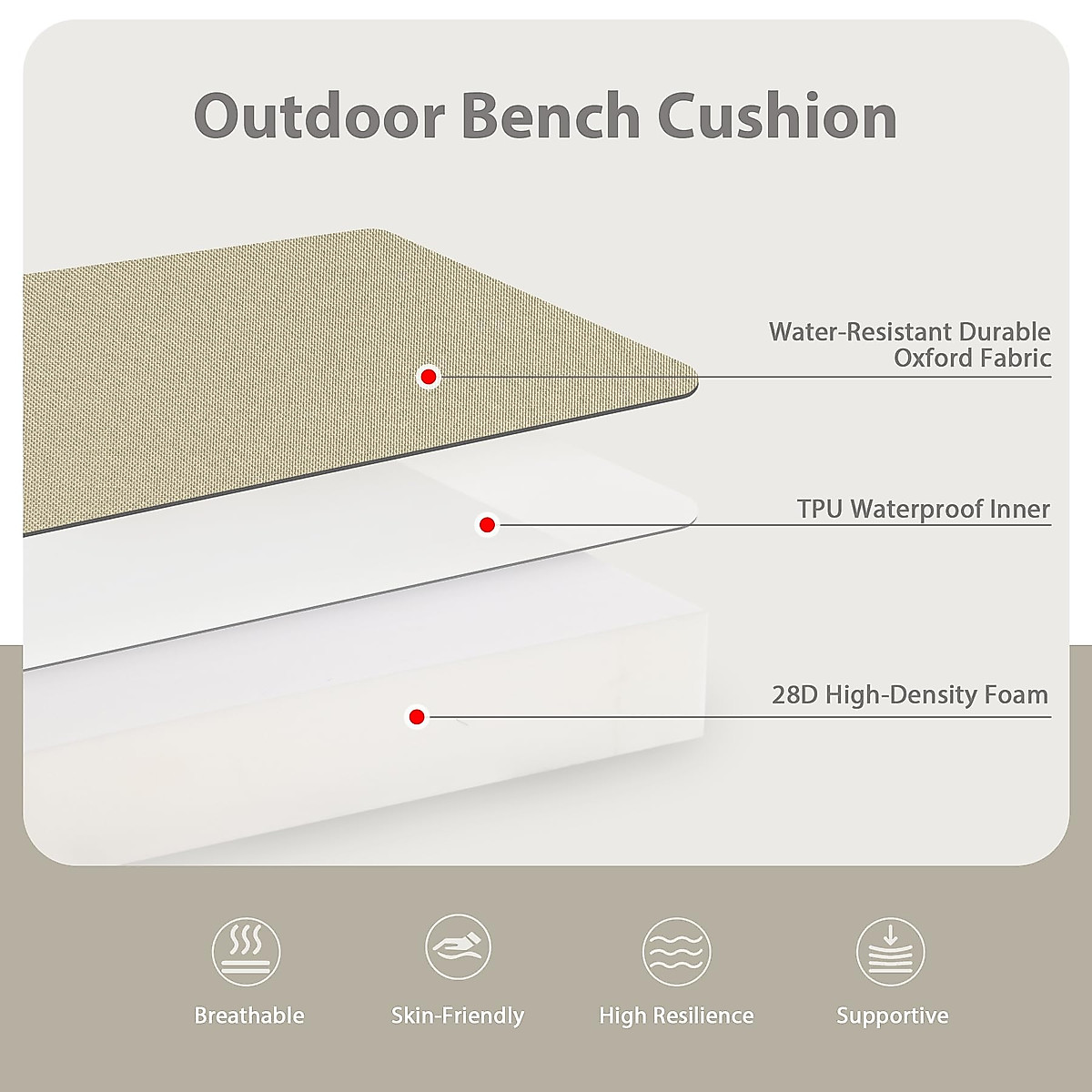 Favoyard Outdoor Bench Cushion 48 x 18 Inch Waterproof Patio Furniture Cushions 3-Year Color Fastness Garden Sofa Settee Couch Swing Pads with Handle and Adjustable Straps, Beige