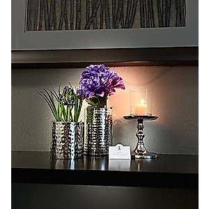 Hosley Set of 2 Silver Color Pillar (LED) Candle Holders 4" High Also usable as Vase. Ideal Gift for Wedding Party Home SPA Aromatherapy Reiki Votive Tea Light Candle Garden