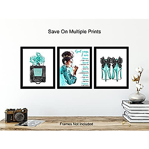 Inspirational African American Women Bible Verses - Black Art - Religious Christian Scripture Positive Encouragement Gifts - Light Blue Motivational Glam Designer Fashion Wall Decor Poster for Girls