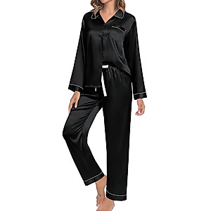 SWOMOG Couple Silk Satin Pajamas Set 2Pcs Matching Famliy Sleepwear Button Down Loungewear Men & Women Pjs with Pants Black