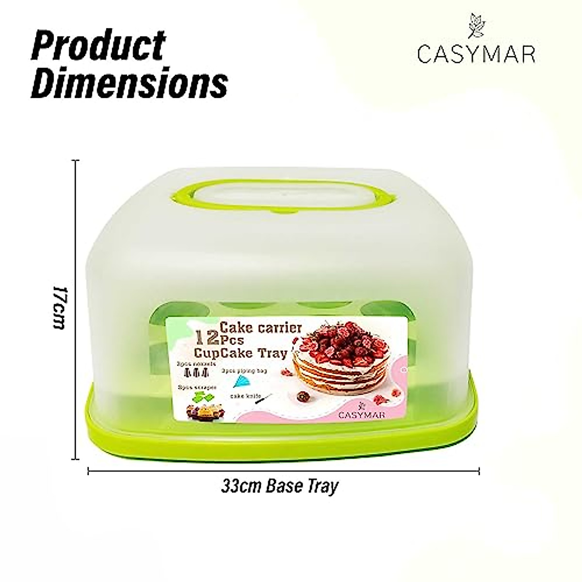 CASYMAR Portable Cake Carrier with 12 Cupcake Holder with Lid- Plastic Cake Containers with Lids Includes Knife & Accessories-Two Sided Base for Snacks Cookies Nuts Fruit etc-Suitable for 12-inch Cake