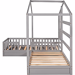 Harper & Bright Designs House Bed with Double Twin Beds, Wood L-Shaped 2 Platform Beds Roof ,Window,Fence and Slatted Design, Corner Playhouse Frame ,Montessori for Kids Girls Boys ,Grey