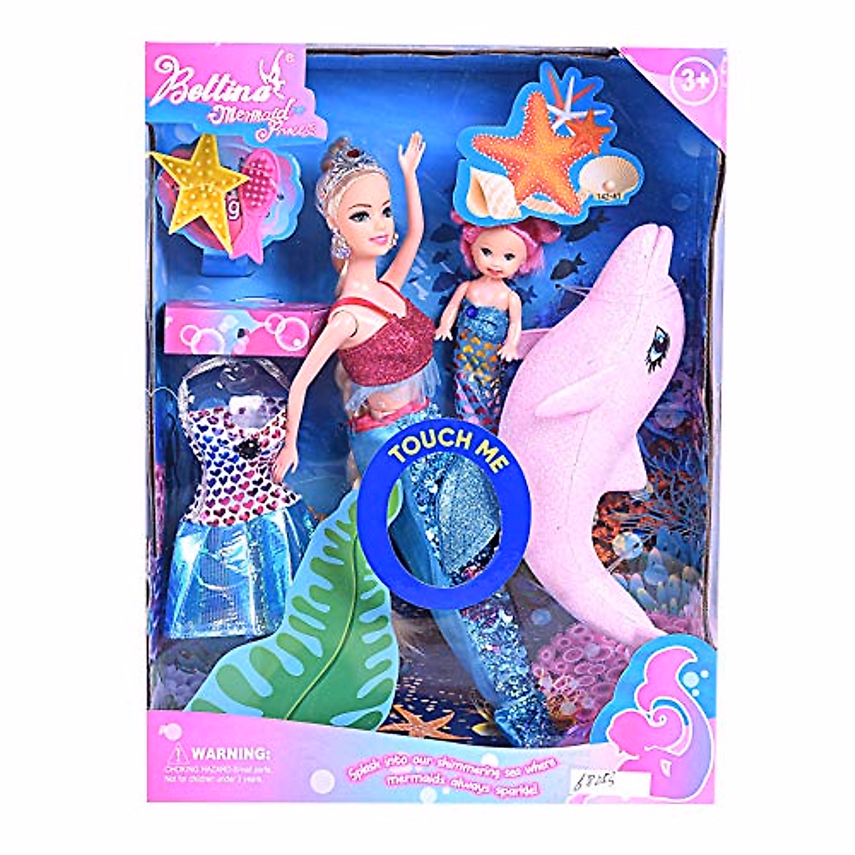 BETTINA Mermaid Princess Doll Pack, Color Changing Mermaid Tail, Dress Doll 12" and Dress Doll 3" and Dolphin Color Reveal Mermaid Toys for Little Girls and Play Gift Set Aged 3+