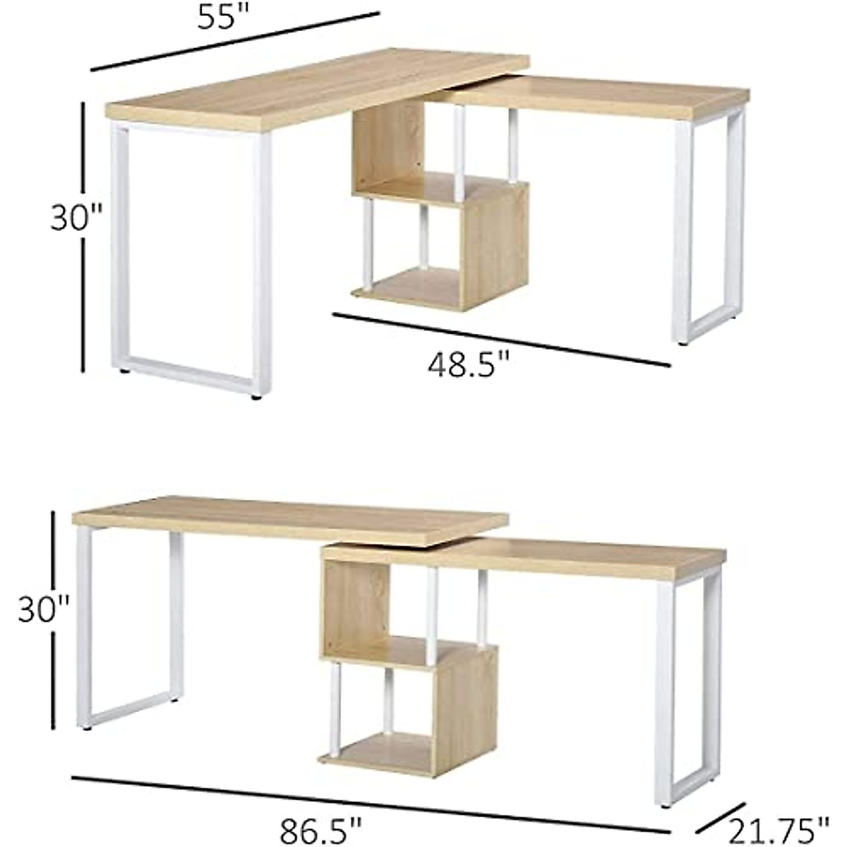 Royal Wood 55" 360° Rotating L-Shaped Home Office Computer Desk, Rotating Corner Desk with Storage Shelves, Left or Right Side Combo Table, Study Writing Desk Two Workstations, Oak