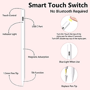 Stylus Pen for iPad with 15mins Fast Charging, Palm Rejection, Active Pencil Compatible with Apple iPad Pro 11&12.9" (2018-2022), iPad 10/9/8/7/6th Gen, iPad Air 3rd/4/5th Gen, iPad Mini 5/6th Gen